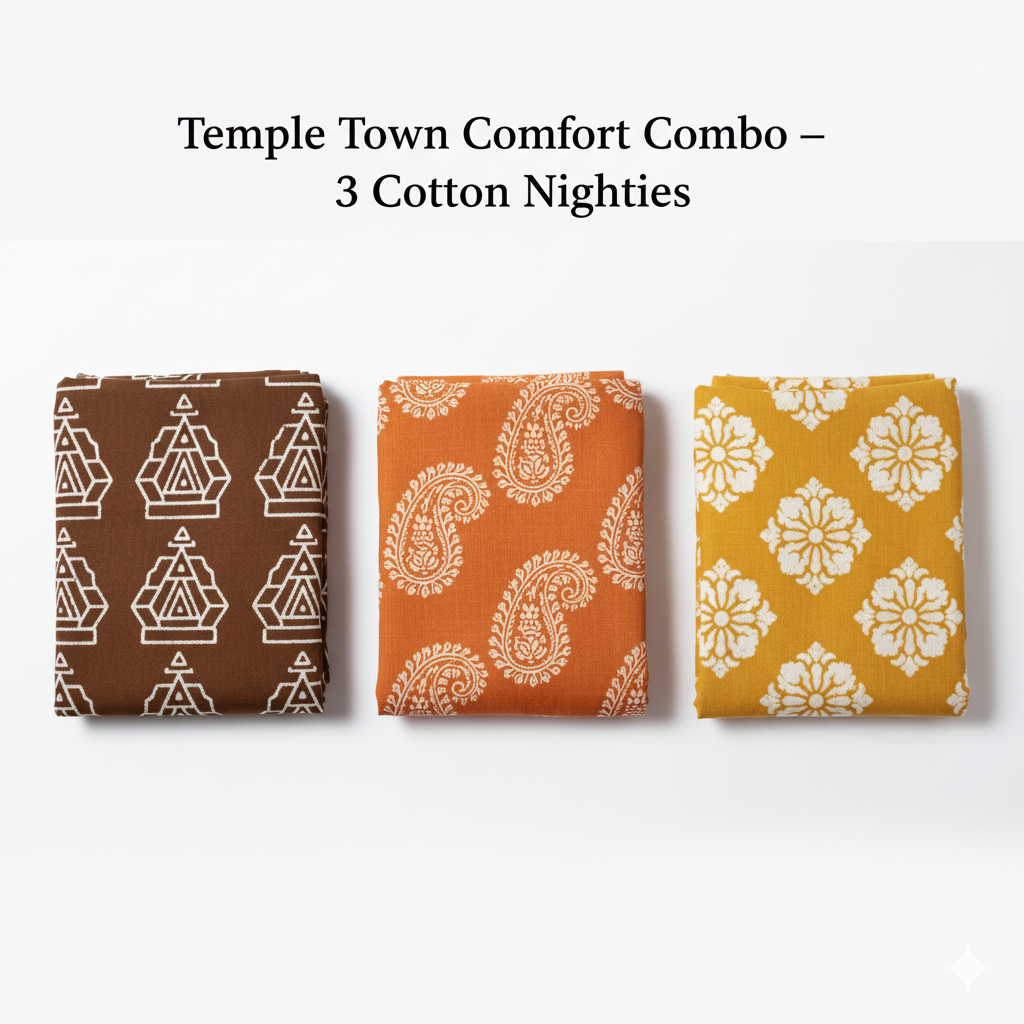 Temple Town Comfort Combo – 3 Lightweight 70 GSM Printed Cotton Nighti ...